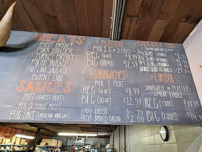 Hand-chalked menus mean business: no fancy fonts needed when your brisket does all the talking for you.