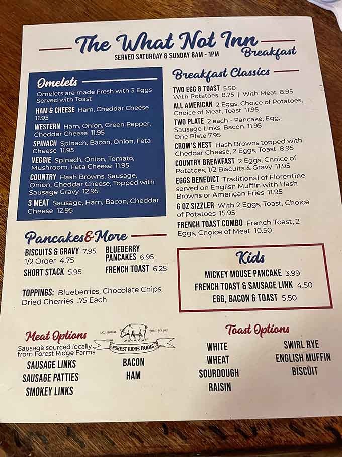This menu is your roadmap to morning happiness, featuring omelets that could make a grown person weep with joy.