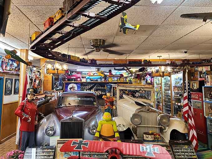 Vintage cars sharing space with cartoon characters, proving your childhood dreams were always this wonderfully chaotic.