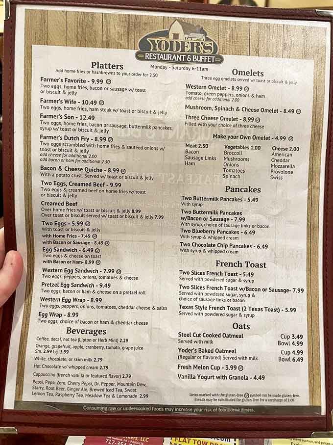 This menu is your roadmap to breakfast bliss, featuring everything from Farmer's Dutch Fry to pretzel roll sandwiches.