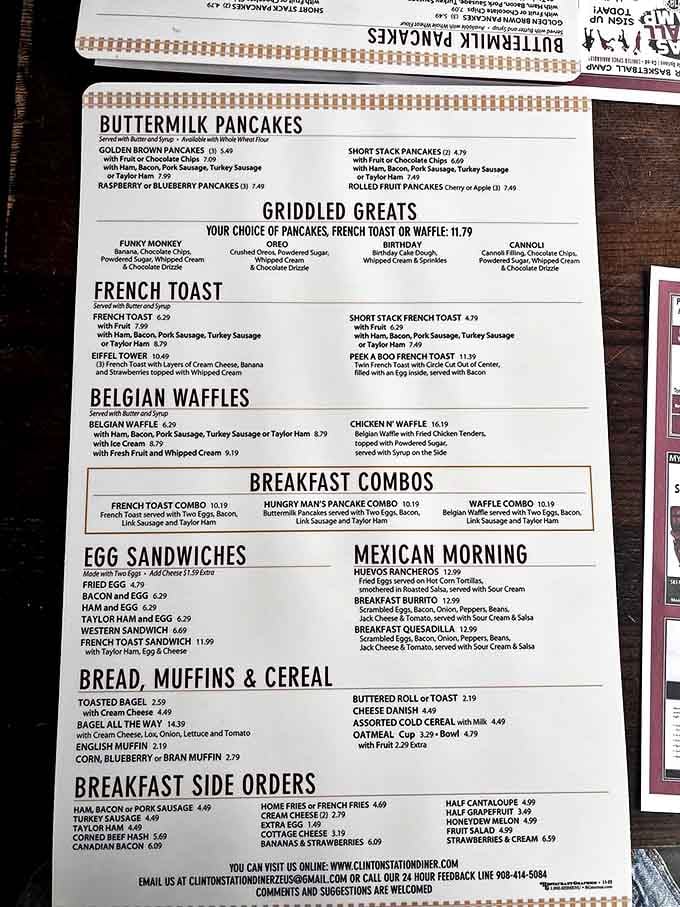 This menu proves breakfast doesn't end at 11 AM, featuring everything from Buttermilk Pancakes to Belgian Waffles all day.