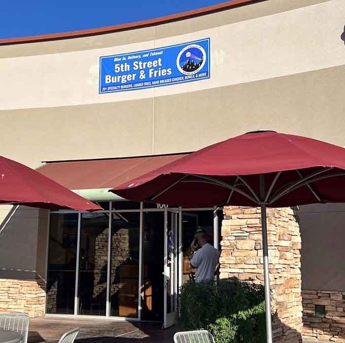 Those welcoming umbrellas and stone accents create the perfect spot to enjoy a burger done right, no fuss required.