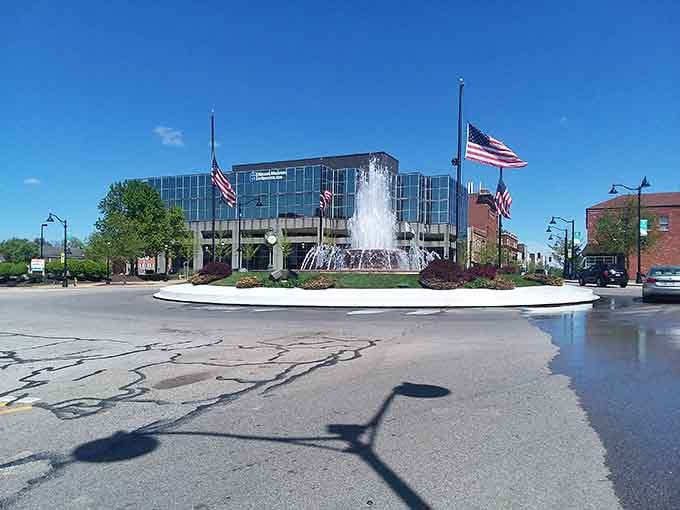 Belleville's fountain roundabout sparkles under summer skies, proof that small Illinois cities know how to make a grand entrance.