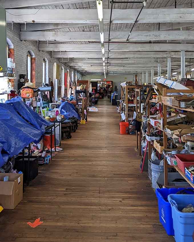 Weathered wooden floors guide you past booth after booth packed with glittering vintage finds and curiosities.