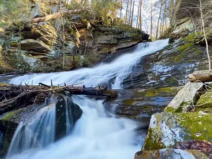 Water slides gracefully down layered rock faces surrounded by emerald moss in this peaceful ravine.