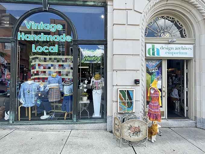 Neon signs glow like a beacon for vintage lovers seeking handmade treasures in this artfully curated emporium.