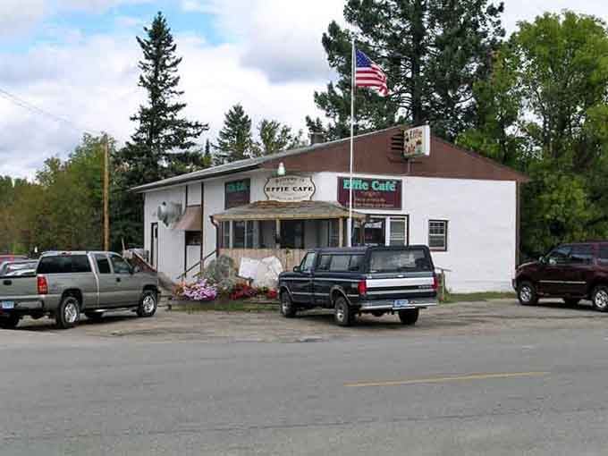 Pickup trucks in the lot and pines overhead — the Effie Cafe is exactly the northwoods pit stop you needed.