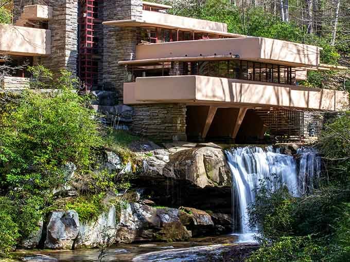 When architecture becomes poetry: Frank Lloyd Wright's masterpiece floats above the waterfall like a modernist dream realized.