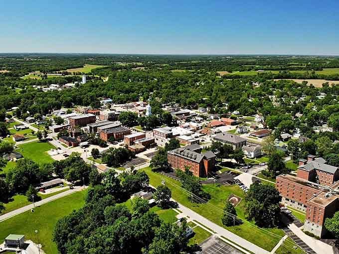 From above, this town nestles among endless green fields like a precious gem in nature's jewelry box.