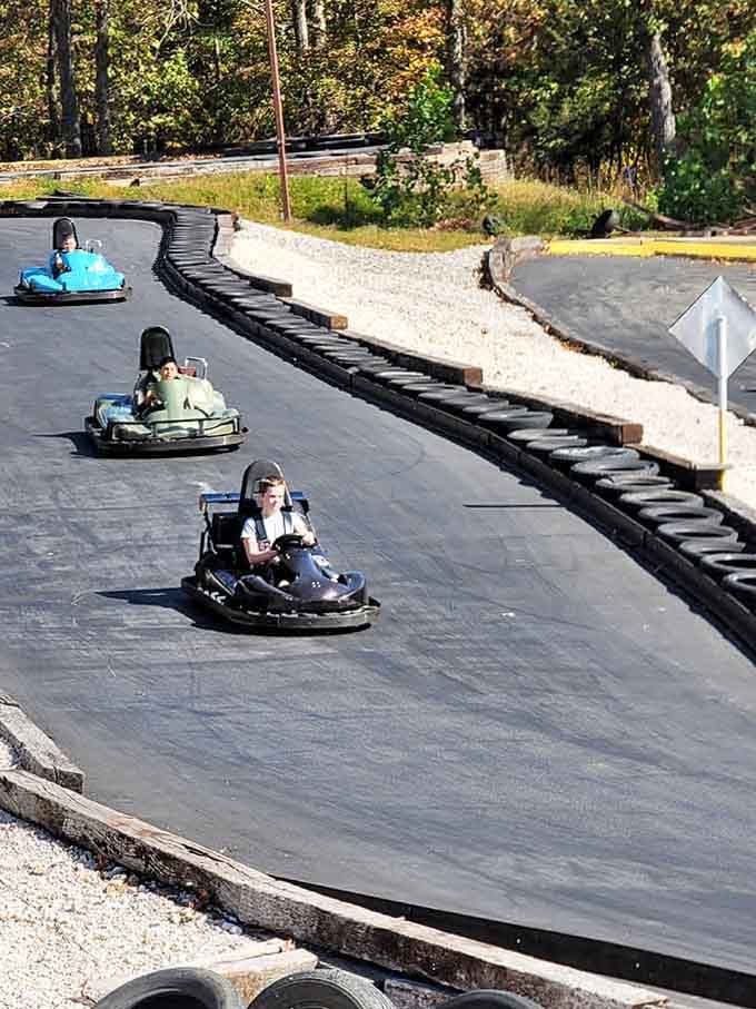 Three generations of speed demons conquering curves together, proving fun has no age limit whatsoever.