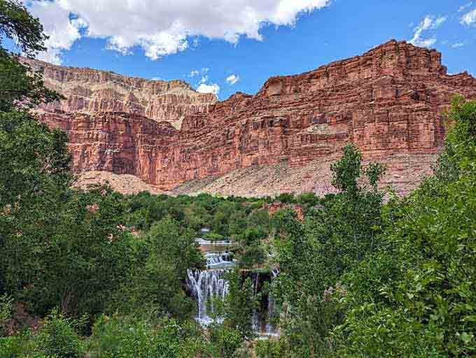 Red canyon walls tower above cascading waterfalls where lush greenery thrives in this hidden desert paradise below.