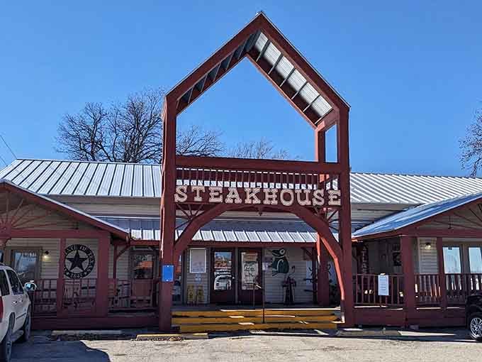 That towering wooden archway announces serious steak business&mdash;like Bonanza meets modern comfort food heaven.
