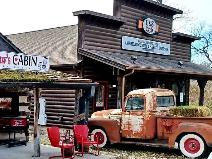 That weathered pickup truck isn't decoration—it's a statement about authenticity that no designer could fake.