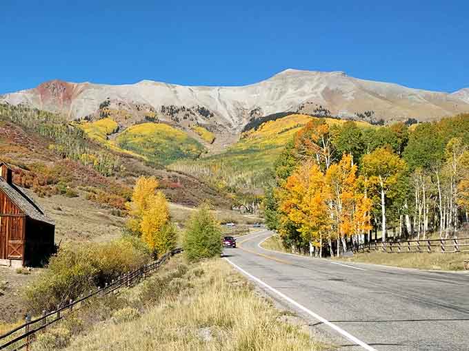 That rustic barn and golden aspens create a scene straight from a vintage Western postcard collection.