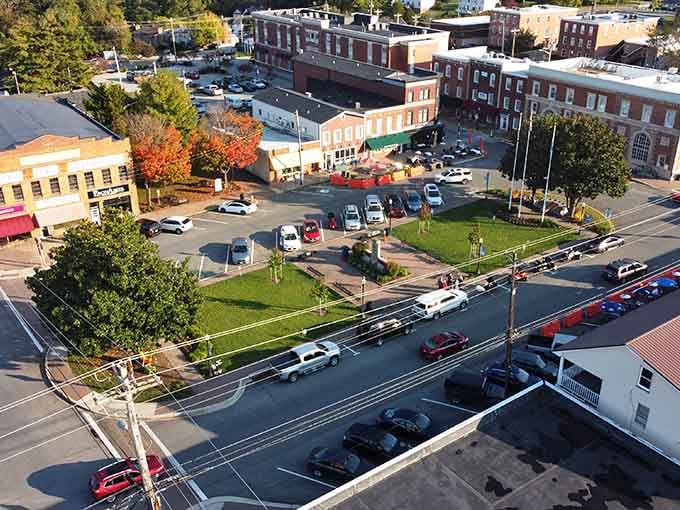 From above, Leonardtown's town center reveals its perfect blend of historic red brick and community gathering spaces below.