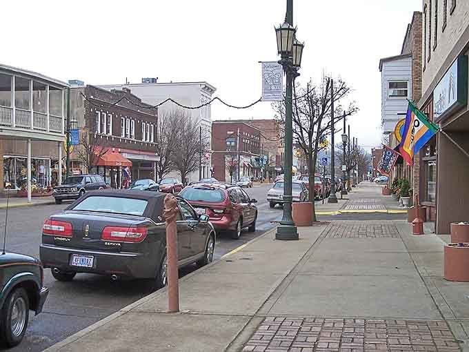 Vintage lampposts and brick sidewalks create a scene straight from your favorite small-town movie set memories.
