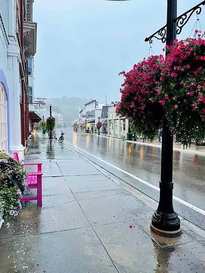 Rain-slicked streets reflect hanging flower baskets in this charming scene that could've been plucked from a classic film.