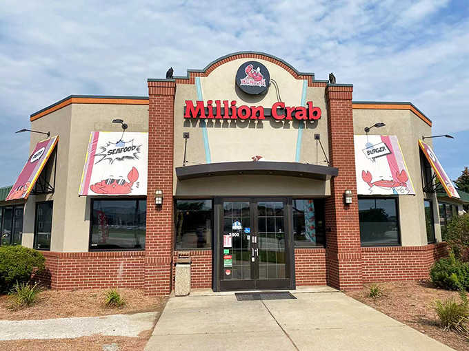 Bold red letters announce a seafood destination where cracking shells is practically a competitive sport.