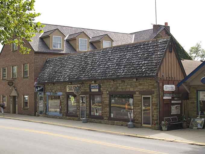 Rustic stone buildings and wooden architecture blend seamlessly, creating an artist's paradise in Brown County.