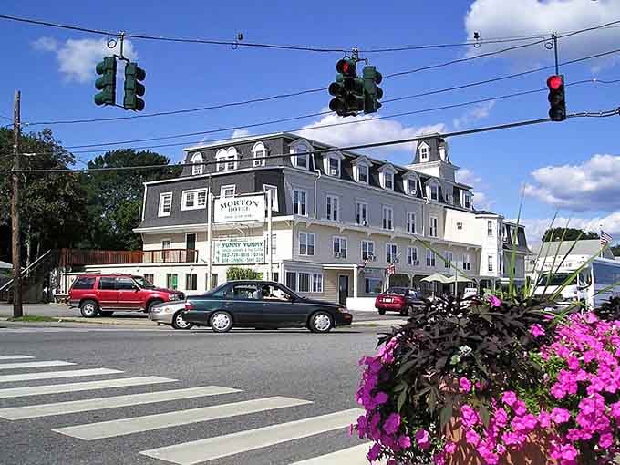 Pink flowers brighten the corner while classic architecture stands tall against the summer sky.