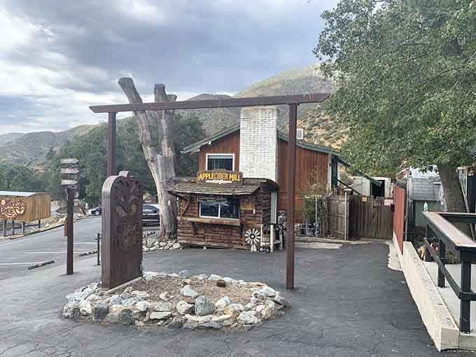 This rustic mountain entrance welcomes you to Oak Glen, where apple orchards and fresh air await discovery.