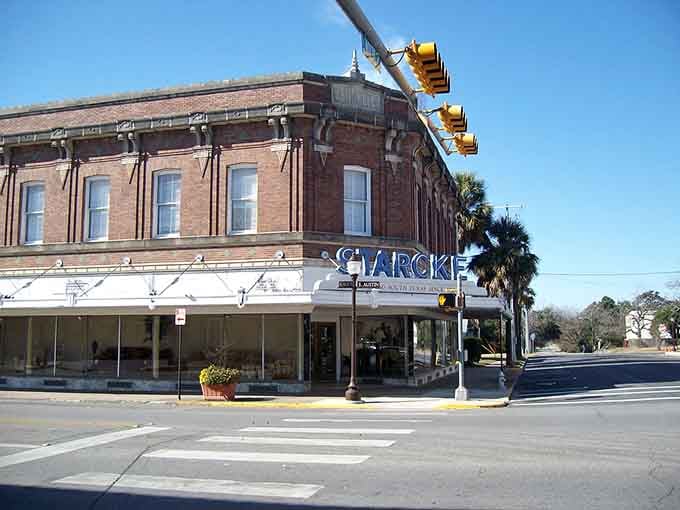 That classic corner building with "CHARCKE" lettering proves small-town Texas knows how to preserve its architectural treasures.