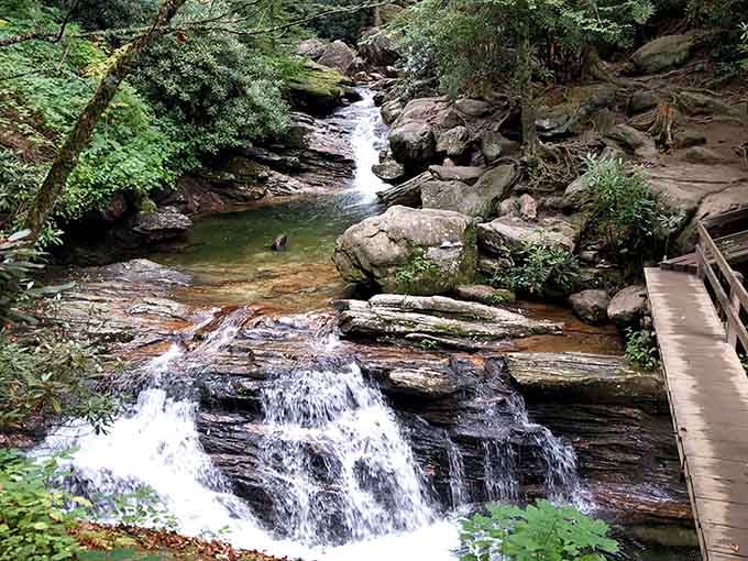 Mountain water cascades over ancient rocks into pools so clear you can count every pebble below.