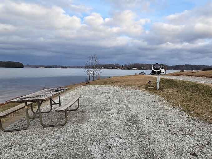 A lone picnic table overlooks calm lake waters, proving that sometimes the best company is just you and nature.