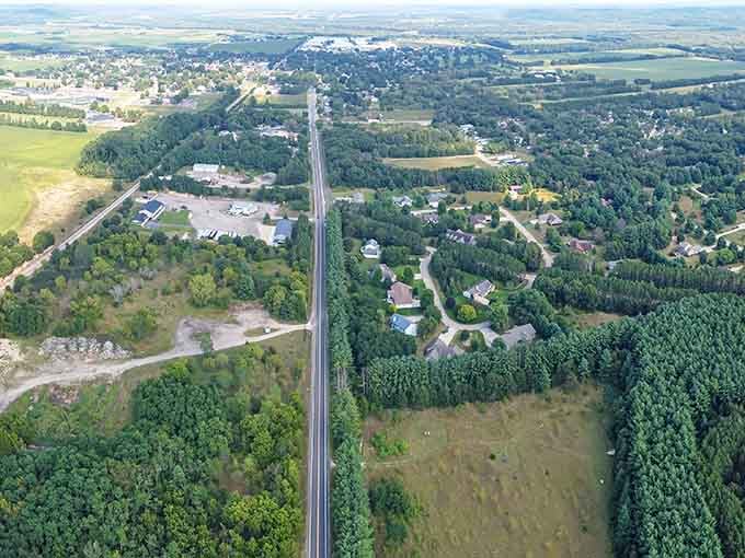 Spring Green nestles beautifully among rolling hills and lush forests, showing why this historic town attracts visitors seeking natural beauty and charm.