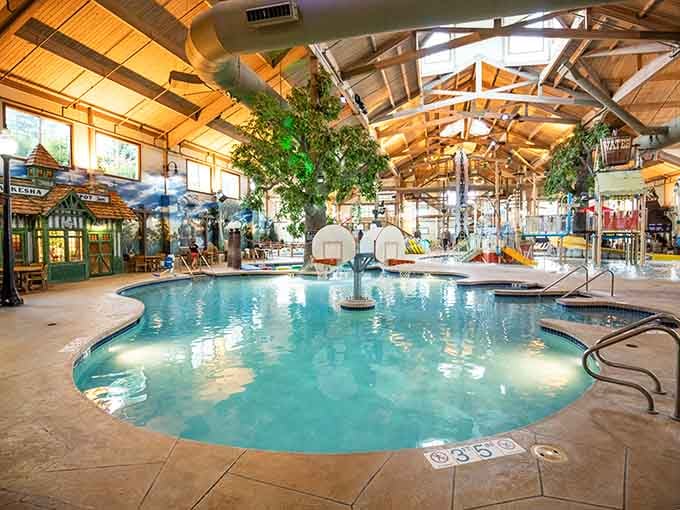 Those soaring wooden beams and natural stone create a rustic lodge atmosphere that feels wonderfully warm and inviting.