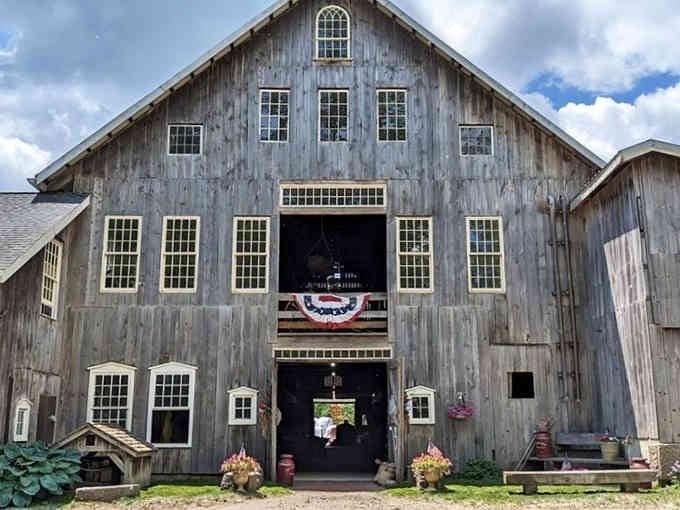 This weathered barn looks like it stepped out of a Hallmark movie, except the chocolate inside is deliciously real.