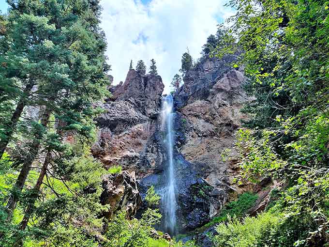 Framed by ancient rocks and green forest, this ribbon of water drops with elegant grace.