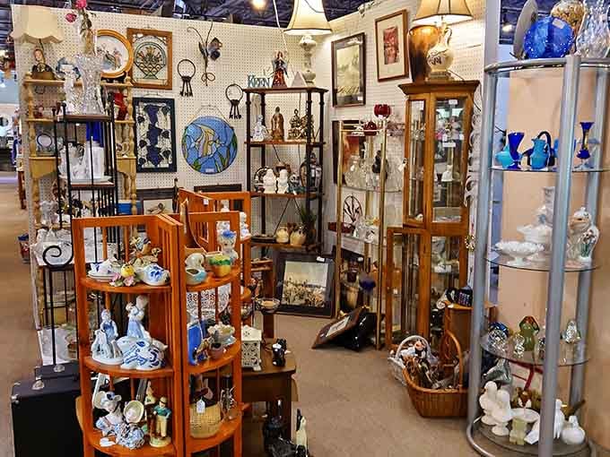 Display cases packed with delicate collectibles sparkle under the lights like a museum you can actually shop.