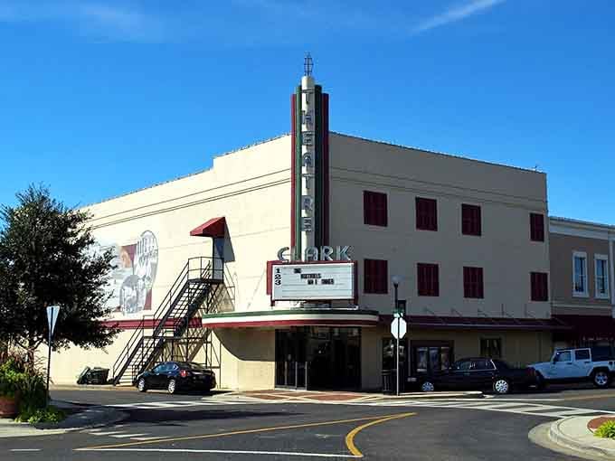 The vintage Clark Theatre marquee beckons like a beacon from Hollywood's golden age, still showing movies to delighted crowds.