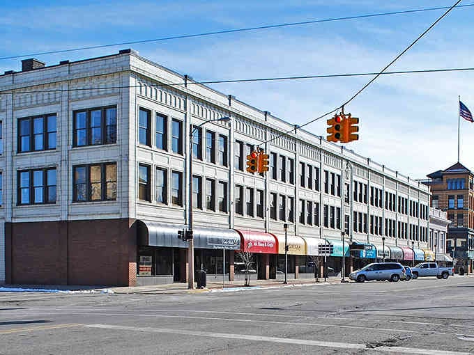 This long stretch of storefronts shows off classic architecture that's been serving the community for generations.