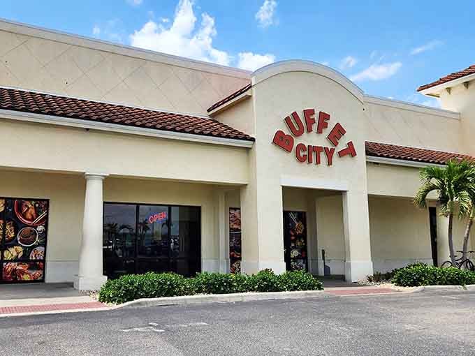 Buffet City's welcoming entrance promises a world of culinary choices waiting just beyond those glass doors.