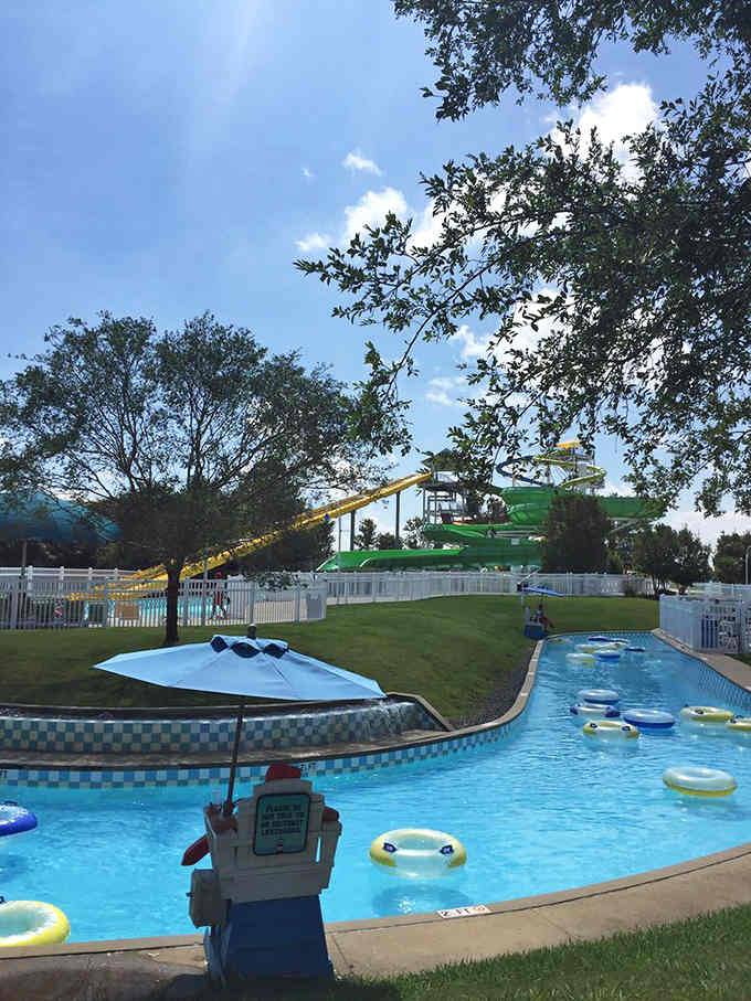 Lazy river tubes drift past shaded spots where smart folks take breaks between all the splashing action.