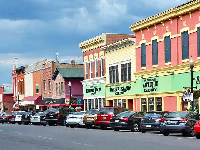 These painted storefronts pop like a box of crayons, proving small-town charm doesn't have to be boring.