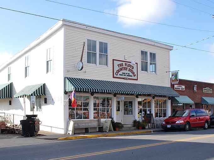 The Floyd Country Store anchors this mountain main street where music matters more than the clock on the wall.