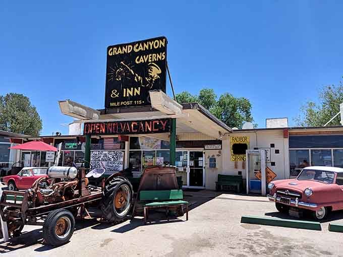 Vintage cars and rusty tractors create the perfect Instagram backdrop for your Route 66 adventure.