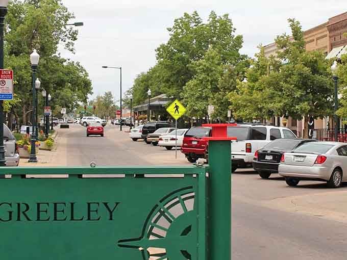 That green sign says "Greeley" loud and proud, inviting you to sit and watch small-town life unfold naturally.