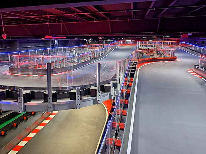 HQ Racing features a multi-level indoor karting track where you can challenge your friends under vibrant neon and red lights.