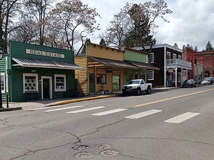 Western-style buildings painted in cheerful colors create a Main Street that Norman Rockwell would have loved.