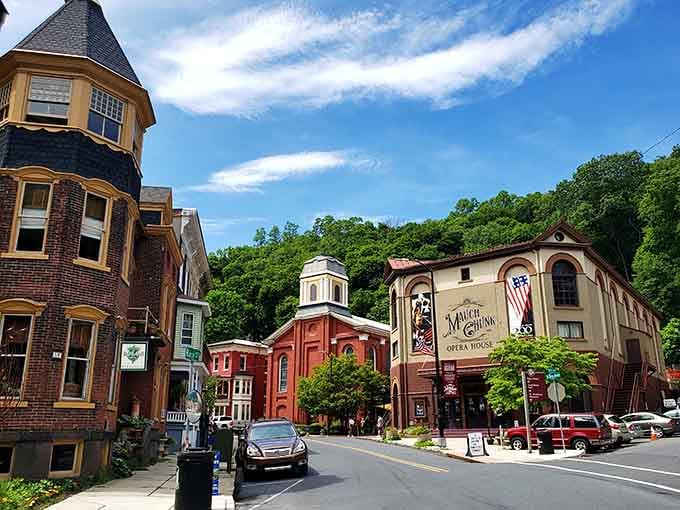The Mauch Chunk Opera House stands proud, ready to deliver showtunes against a Pocono postcard sky.