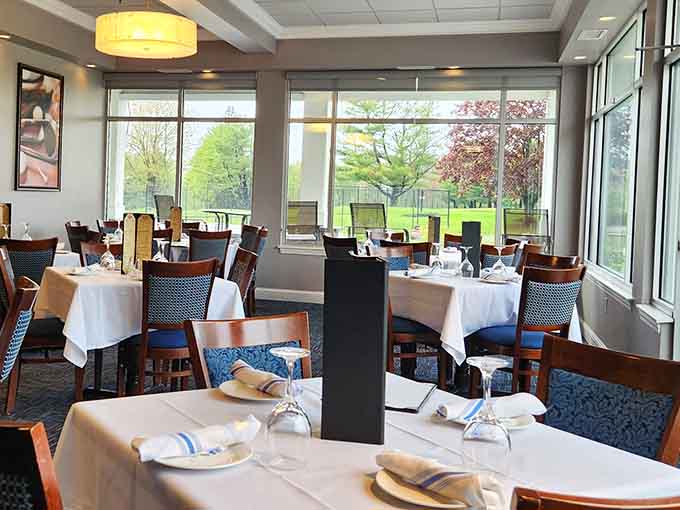 Floor-to-ceiling windows bring spring's green glory right to your table while you savor every bite.