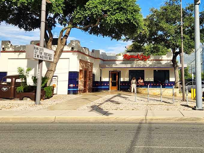 Those blue-tiled accents and shaded tables create the perfect spot to enjoy comfort food under the San Antonio sun.