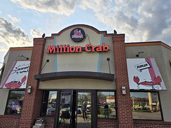 Those dramatic evening clouds frame a building that's clearly not shy about its crab-loving mission.