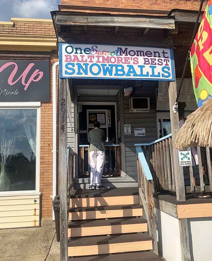 Someone's climbing those steps for their snowball fix&mdash;notice how the evening glow makes everything feel magical here.