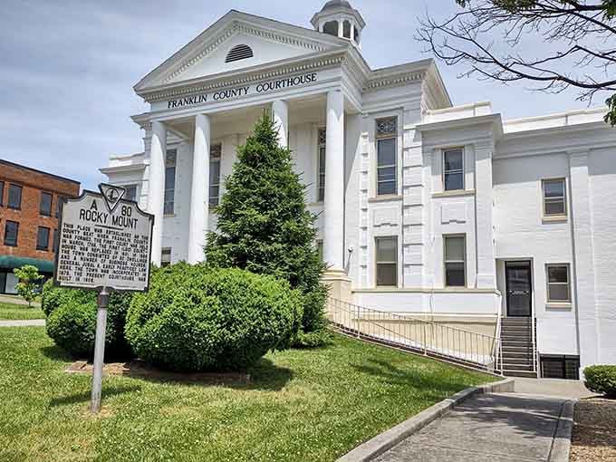 That pristine white courthouse practically glows under blue skies, standing watch over downtown like a proud sentinel.