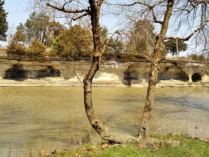 These weathered stone pillars rise majestically from the Mississinewa River, standing guard for millions of years.